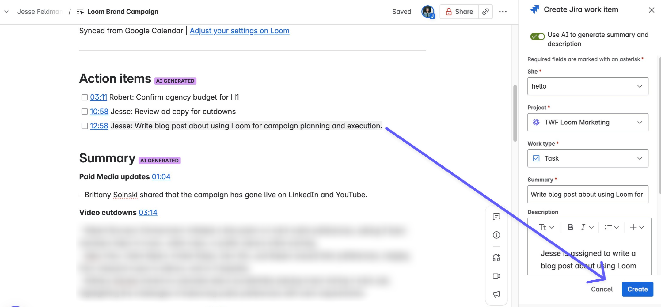 Digital project management interface with action items and Jira integration